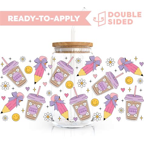 Double Sided 16oz Cup Uv Dtf Decal Iced Coffee And Pencil Caluya