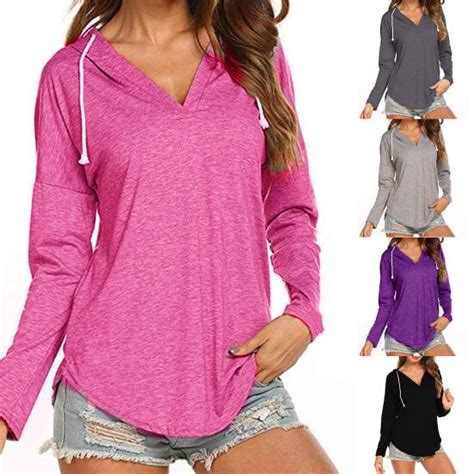 Buy Fashion Huixixih Solid Color Hoodie V Neck Hooded Drawstring Loose