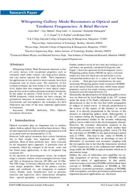 Pdf Whispering Gallery Mode Resonators At Optical And Terahertz Frequencies A Brief Review