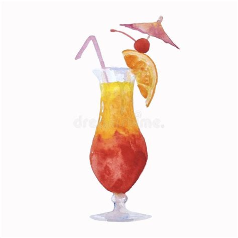 Watercolor Alcohol Cocktail Sex On The Beach With Citrus On The White