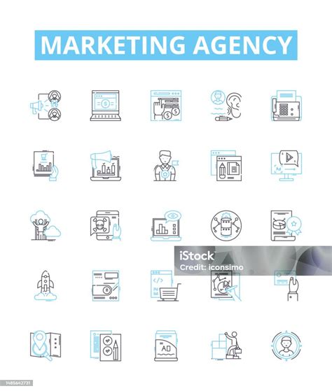 마케팅 대행사 벡터 라인 아이콘이 설정되었습니다 에이전시 마케팅 광고 디지털 소셜 미디어 Pr 일러스트레이션 개요 개념 기호 및 기호 부동산 사무실에 대한 스톡 벡터 아트