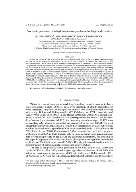 Pdf Stochastic Generation Of Subgrid Scale Cloudy Columns For Large