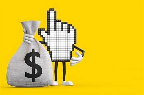 픽셀 핸드 커서 마스코트 사람 캐릭터와 묶인 소박한 캔버스 린넨 머니 자루 또는 달러 기호가있는 돈 가방 3d 렌더링 가방에 대한 스톡 사진 및 기타 이미지 Istock