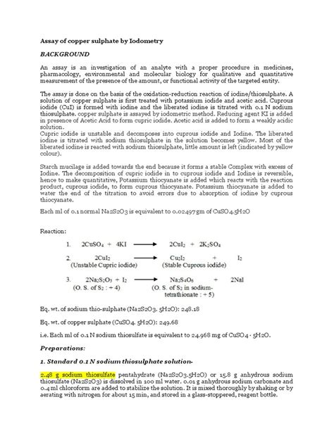 Assay Of Copper Sulphate By Iodometry Pdf Iodine Atoms