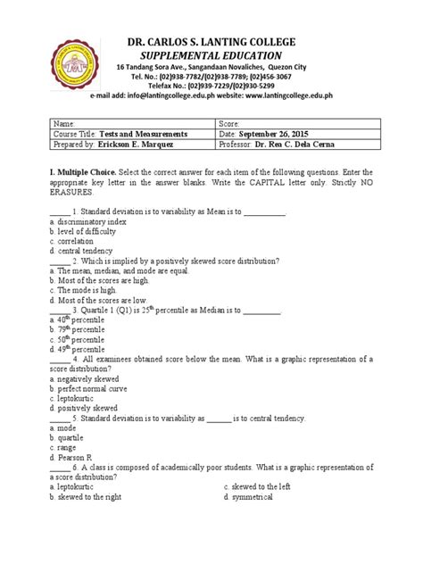 My Exam Tests And Measurements Pdf Mean Skewness