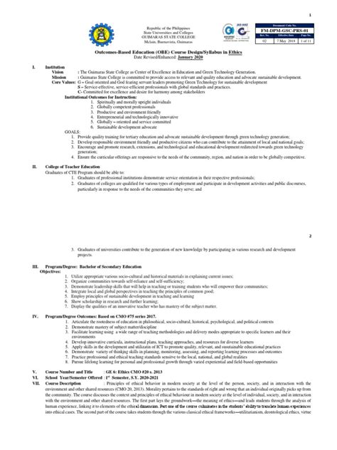 Syllabus In Ethics Bsed Ay 2020 2021 20 2 Pdf Teaching Method