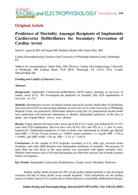 Pdf Predictors Of Mortality Amongst Recipients Of Implantable Cardioverter Defibrillators For