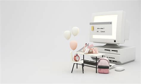 학교로 돌아가 학용품 및 장비로 온라인 학습에 참여하십시오 분홍색과 흰색 배경에 전화 및 학교 액세서리 및 교과서가있는 노트북 컴퓨터 화면 만화 3d 렌더링 0명에 대한