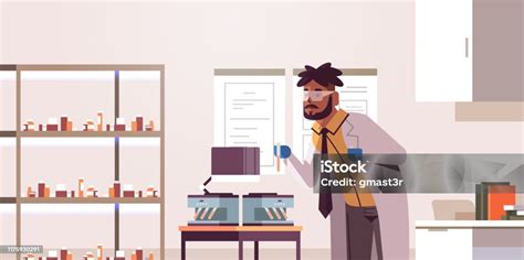 분석기 의료 기계 연구 과학 의학 개념 현대 실험실 인테리어 초상화 수평을 사용하여 제복을 입은 혈액 샘플 아프리카 계 미국인