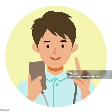 일하는 간호사 남자 헬스케어 Conceptman 만화 캐릭터입니다 사람들은 프로필 아바타 및 아이콘에 얼굴을 맞춥니다 스마트폰을 사용하는 남자의 이미지를 닫습니다 스마트폰에