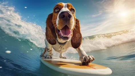 Surfing Hound Close Up Of A Funny Smiling Basset Hound Riding The Waves