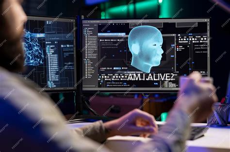 Premium Photo Programmer Drinking Coffee And Being Asked Existential Questions By Awaken Ai