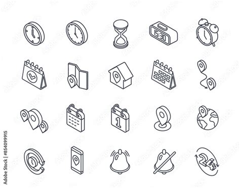 Set Of Isometric Time Management Line Icons Simple Signs With Calendar For Planning Location