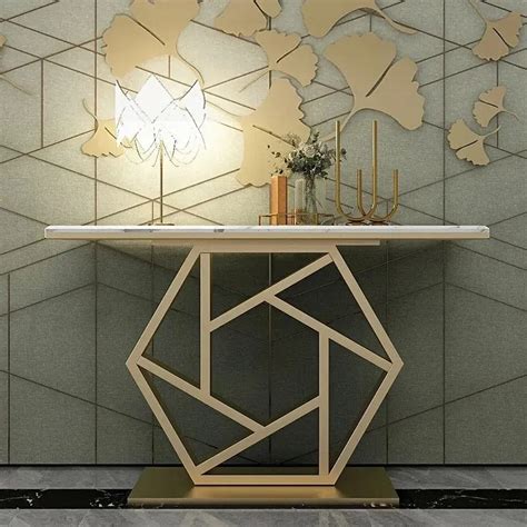 Console Side Table With Stone Top Hexagon Design Writings On The Wall