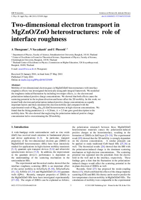 Pdf Two Dimensional Electron Transport In Mgznozno Heterostructures Role Of Interface Roughness