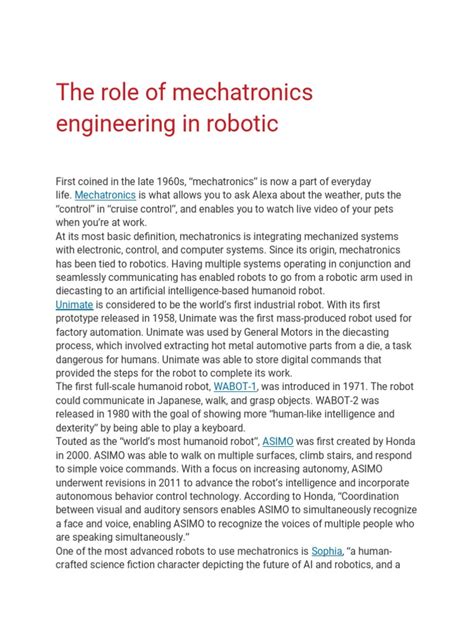 The Role Of Mechatronics Engineering In Robotic Pdf Robotics Robot