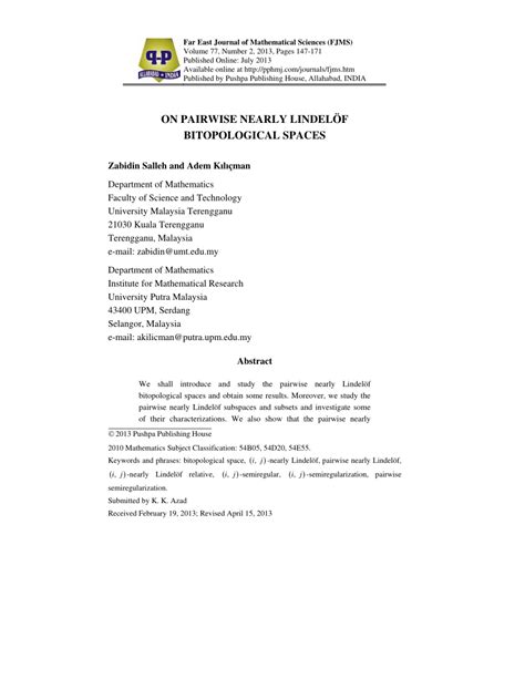 Pdf On Pairwise Nearly LindelÖf Bitopological Spaces