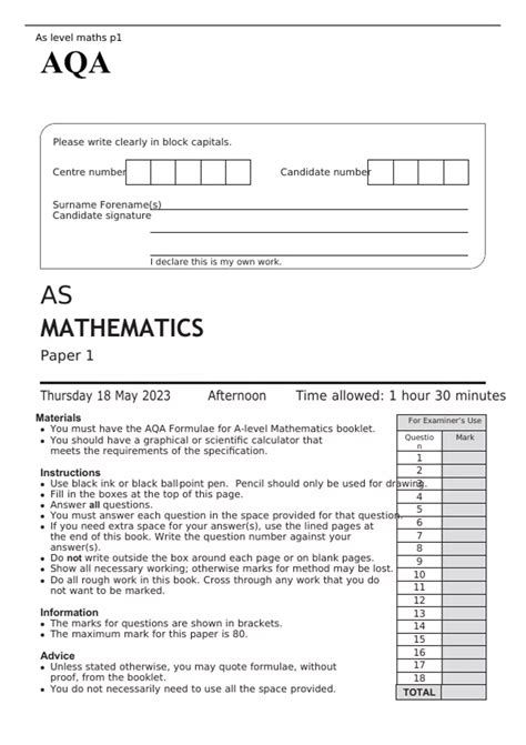 Aqa As Mathematics Paper 1 And 2 June 2023 Question Papers And Mark Schemes Stuvia Us
