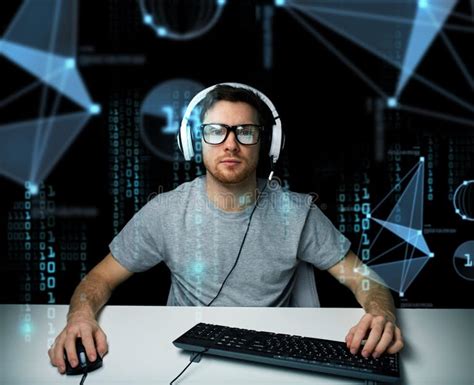 Man In Headset Hacking Computer Or Programming Stock Image Image Of