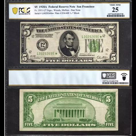 5 1928 A Green Seal Small Size 5 Federal Reserve Notes 1951 L Executive Currency