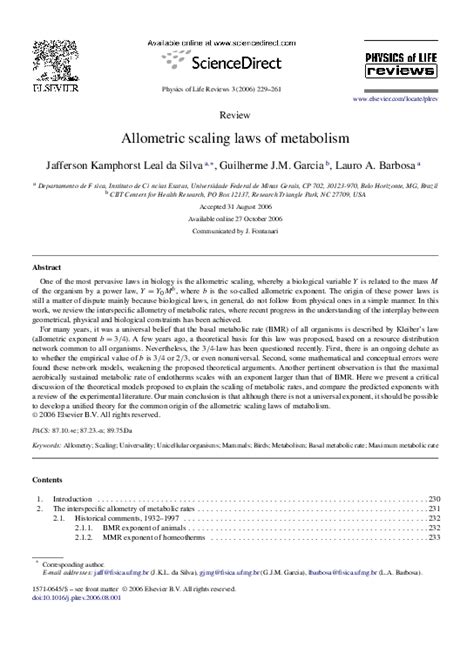Pdf Allometric Scaling Laws Of Metabolism