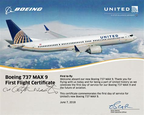 United Airlines Boeing 737 Max 9 First Flight Certificate June 7 2018