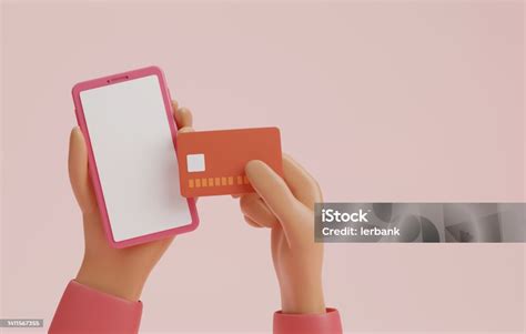 밝은 분홍색 배경에 스마트 폰과 신용 카드를 들고있는 손 3차원 형태에 대한 스톡 사진 및 기타 이미지 3차원 형태 모바일결제 손 Istock