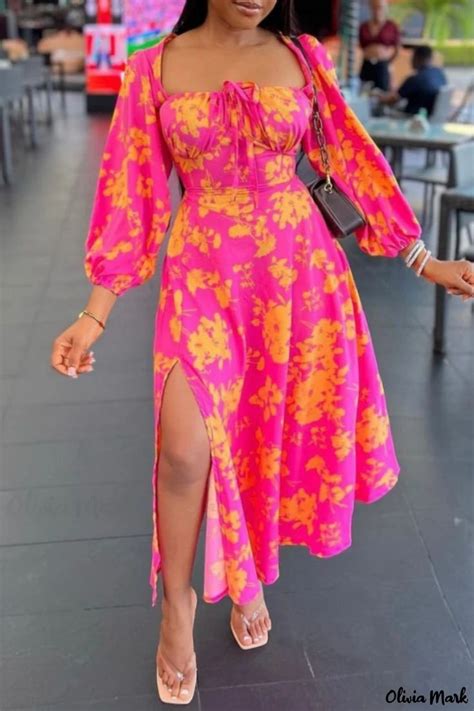 Olivia Mark Chic Square Collar Long Sleeve Dress With Unique Print