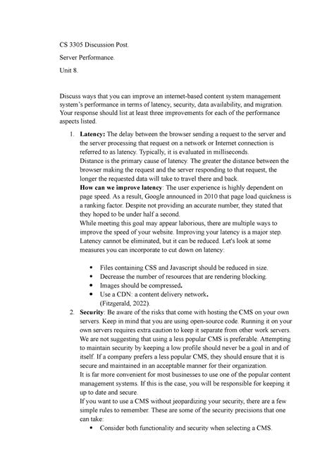 Cs 3305 Discussion Post Unit 8 Cs 3305 Discussion Post Server Performance Unit 8 Discuss