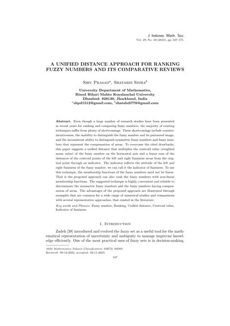 pdf a unified distance approach for ranking fuzzy numbers and its