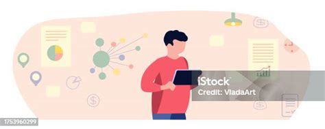 태블릿 문서 및 계약 만화 평면 벡터 일러스트 레이 션을 가진 남자 경영자에 대한 스톡 벡터 아트 및 기타 이미지 경영자 경제 공연 Istock