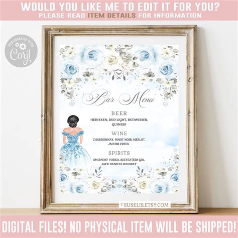 Editable Quinceanera Bar Menu Sign Drinks Blue Silver Etsy