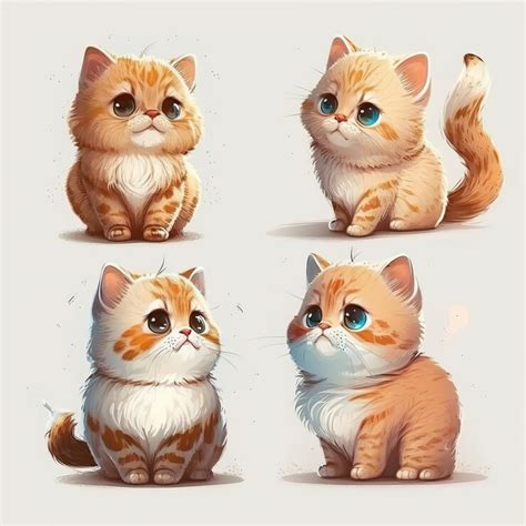 Premium Photo Set Of Cartoon Cute Little Cat On White Background