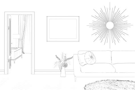 열린 문으로 내부의 스케치 주전자의 꽃다발은 소파 옆에 있는 쪽모이 세공 층에 있습니다 거울 옆에 벽에 수평 포스터가 있습니다 전면 보기입니다 0명에 대한 스톡 사진 및