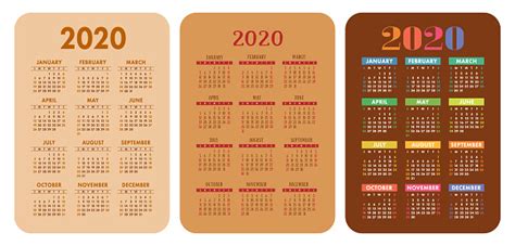 달력 2020 년 포켓 카드 세트 벡터 디자인 컬렉션입니다 컬러 잉글리시 캘린더 인쇄를 위한 기본 그리드 템플릿입니다 주 시작
