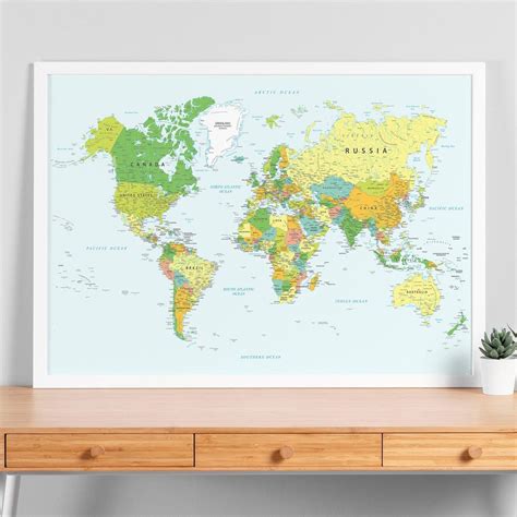 Detailed Political World Map Poster Classic Colors Wall Art Print