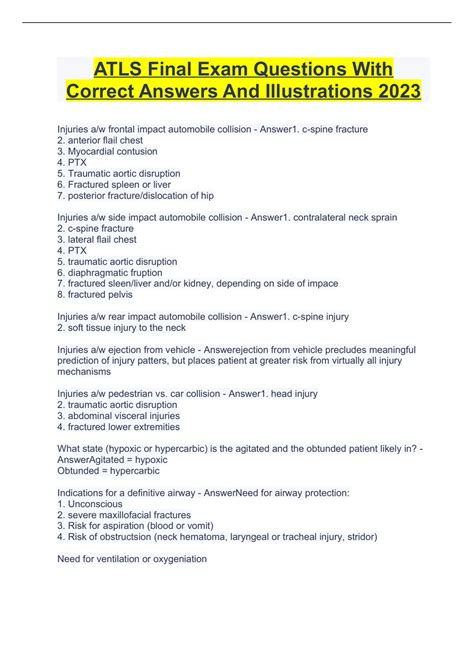 Atls Final Exam Questions With Correct Answers And Illustrations 2023 Physician Taking Atls