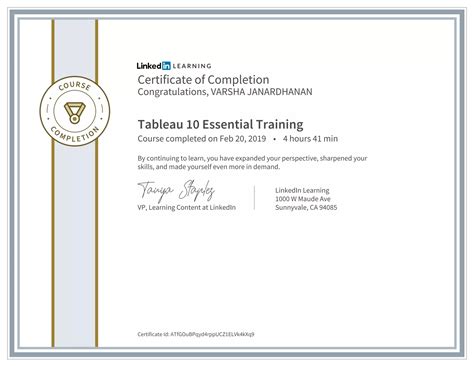 Certificate Ofcompletion Tableau 10 Essential Training 1 Pdf