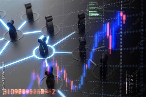 Stock Chart And Chain Of Metallic Silver Human Figurines Connected By