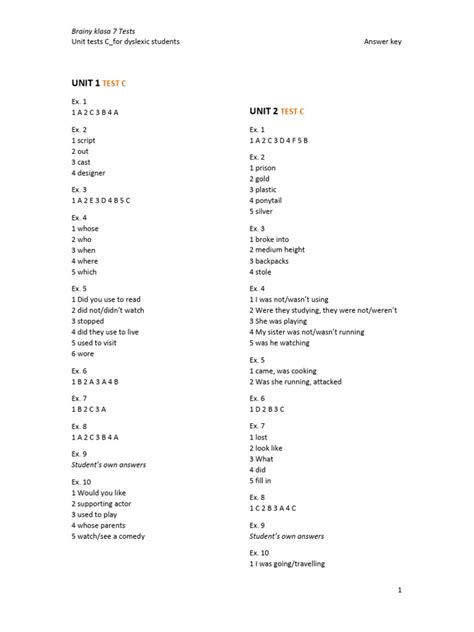 Unit Tests C Answer Key Pdf