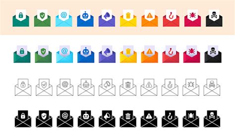 다양한 스타일의 안전한 보호에서 위험한 바이러스에 이르기까지 편지 이메일 옵션이 있는 큰 봉투 설정 벡터 일러스트레이션 사기꾼에