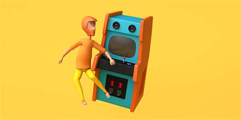 복고풍 아케이드 게임 기계 옆에 떠있는 젊은 남자 아케이드 룸 공간을 복사합니다 게임 컨셉 3d 일러스트레이션 3차원 형태에 대한 스톡 사진 및 기타 이미지 Istock
