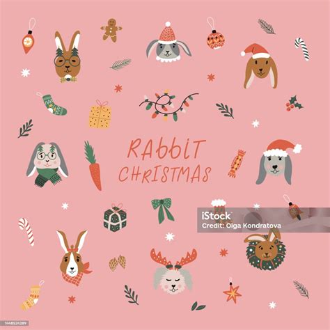 귀여운 토끼와 요소가 포함 된 크리스마스 번들 토끼 중국 조디악 문자 새해의 상징입니다 분홍색 배경에 격리된 벡터 그림 크리스마스에 대한 스톡 벡터 아트 및 기타 이미지