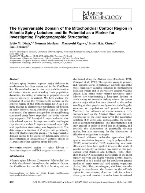 Pdf The Hypervariable Domain Of The Mitochondrial Control Region In Atlantic Spiny Lobsters