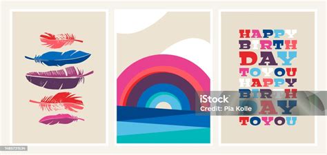 깃털 무지개와 구름 생일 축하해 타이포그래피 일러스트레이션 3개의 벡터 일러스트레이션 세트 0명에 대한 스톡 벡터 아트 및 기타 이미지 Istock