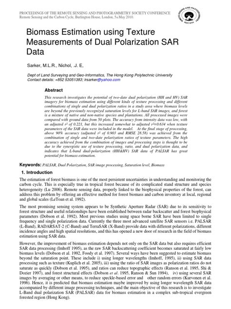 Biomass Estimation Using Texture Measurements Of Dual Polarization Sar Data Pdf Coefficient