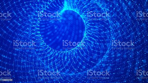 점들의 추상 터널 빛나는 입자의 추상적인 그라데이션 동적 파동 네온 도트 네트워크 빅 데이터 디지털 배경입니다 메쉬 구조의 3d 웜홀 소용돌이 3d 렌더링 0명에 대한 스톡