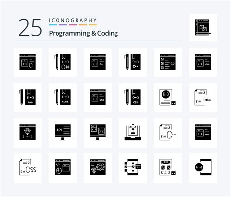 Programming And Coding 25 Solid Glyph icon pack including development. coding. development. html ...