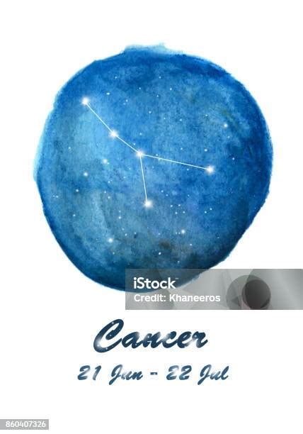 우주에서 조디악 로그인 암의 암 별자리 아이콘 별 공간 동그라미 배경 안에 파란색 별이 빛나는 밤 하늘입니다 별자리 아이콘은