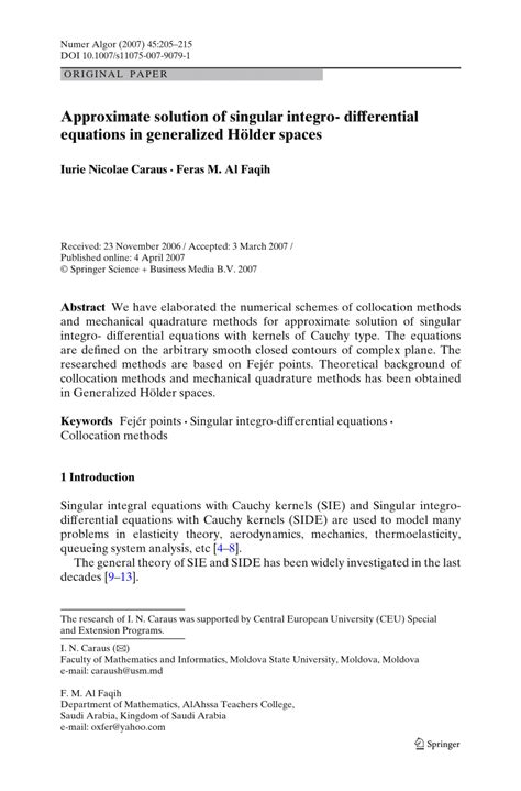 Pdf Approximate Solution Of Singular Integro Differential Equations In Generalized Holder Spaces